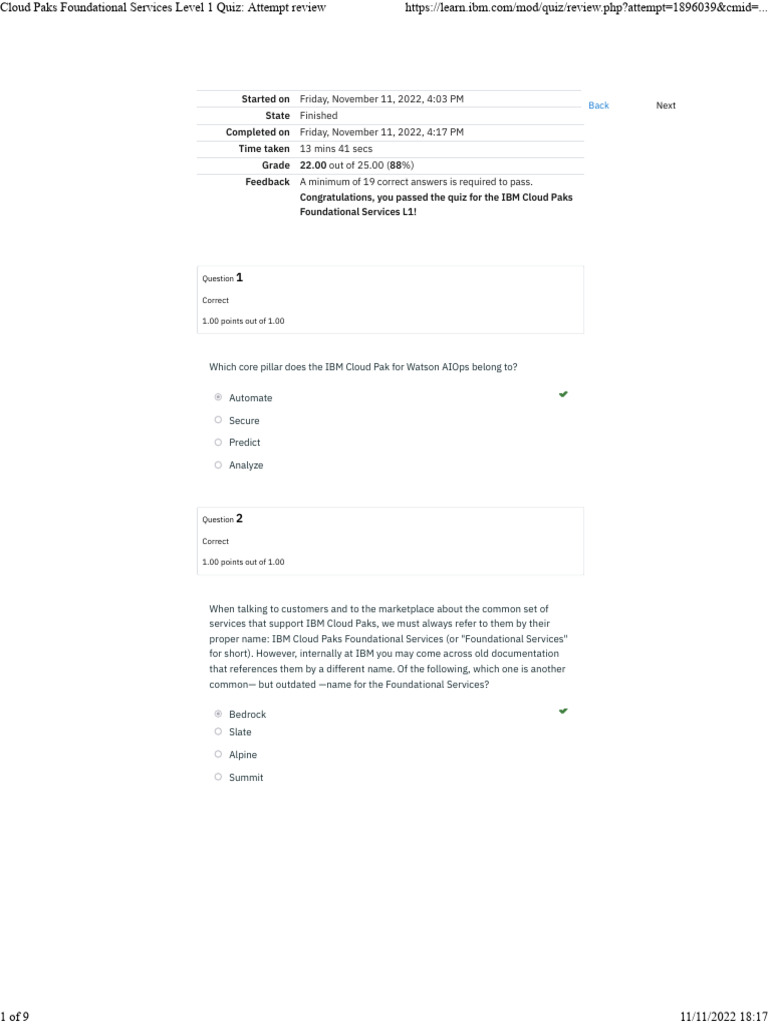 Cloud Paks Foundational Services Level 1 Quiz Attempt Review PDF | PDF | Cloud Computing ...