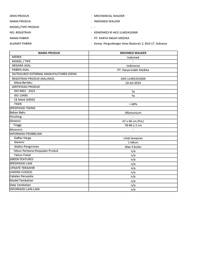 Nama Produk Indomed Walker | PDF