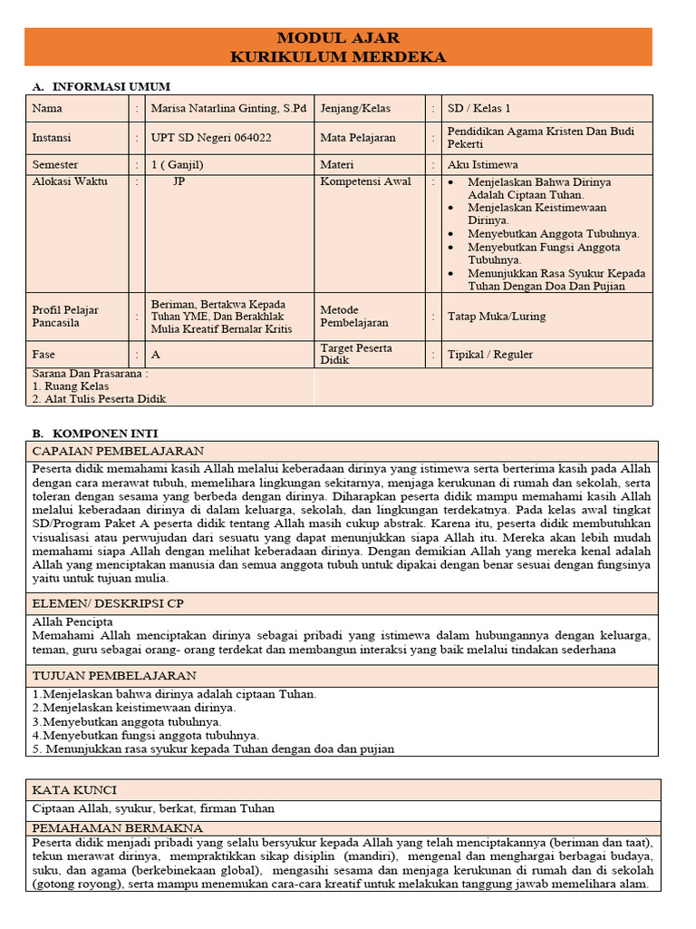 Modul Ajar Kelas 1 Sem 1 | PDF