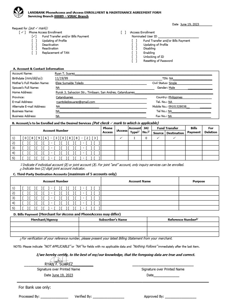 Landbank IAccess Enrollment Form | PDF | Cheque | Transaction Account