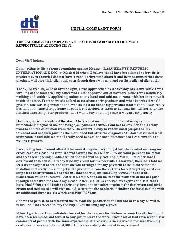 Dti - Initial Complaint Form | PDF