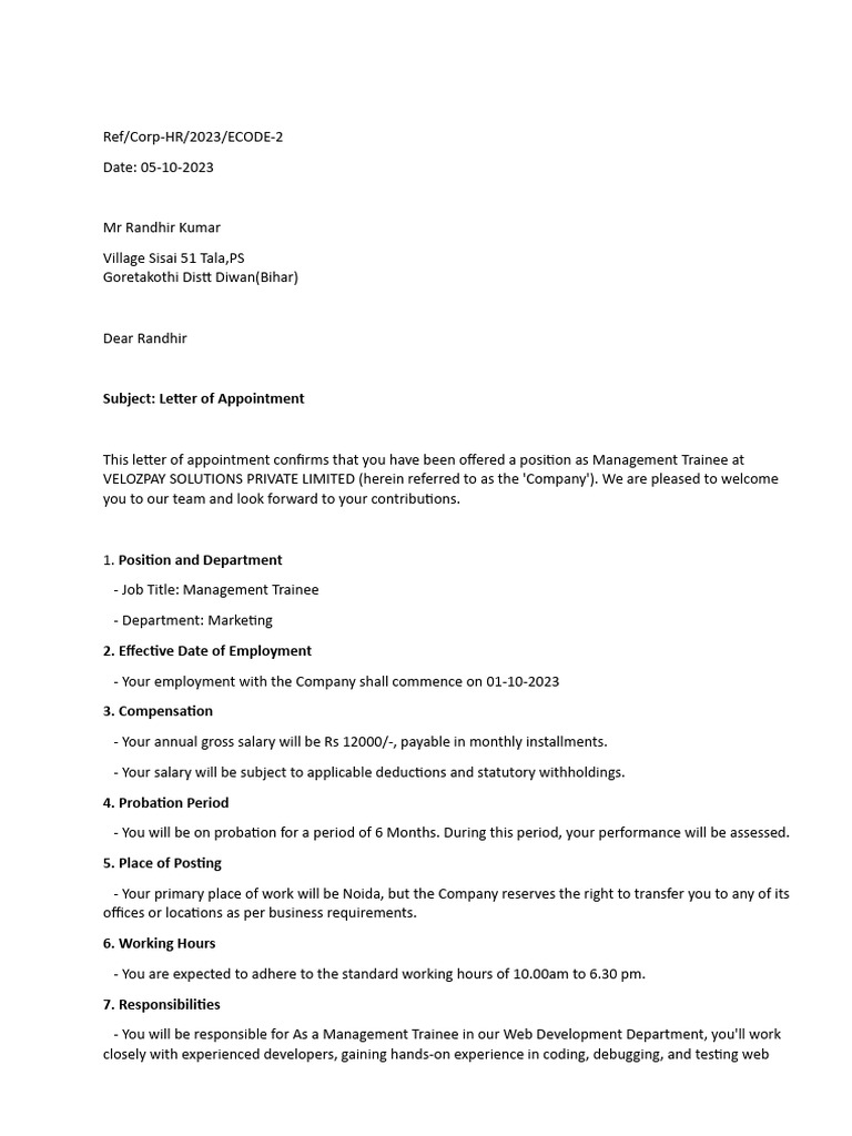 Appointment Letter | PDF