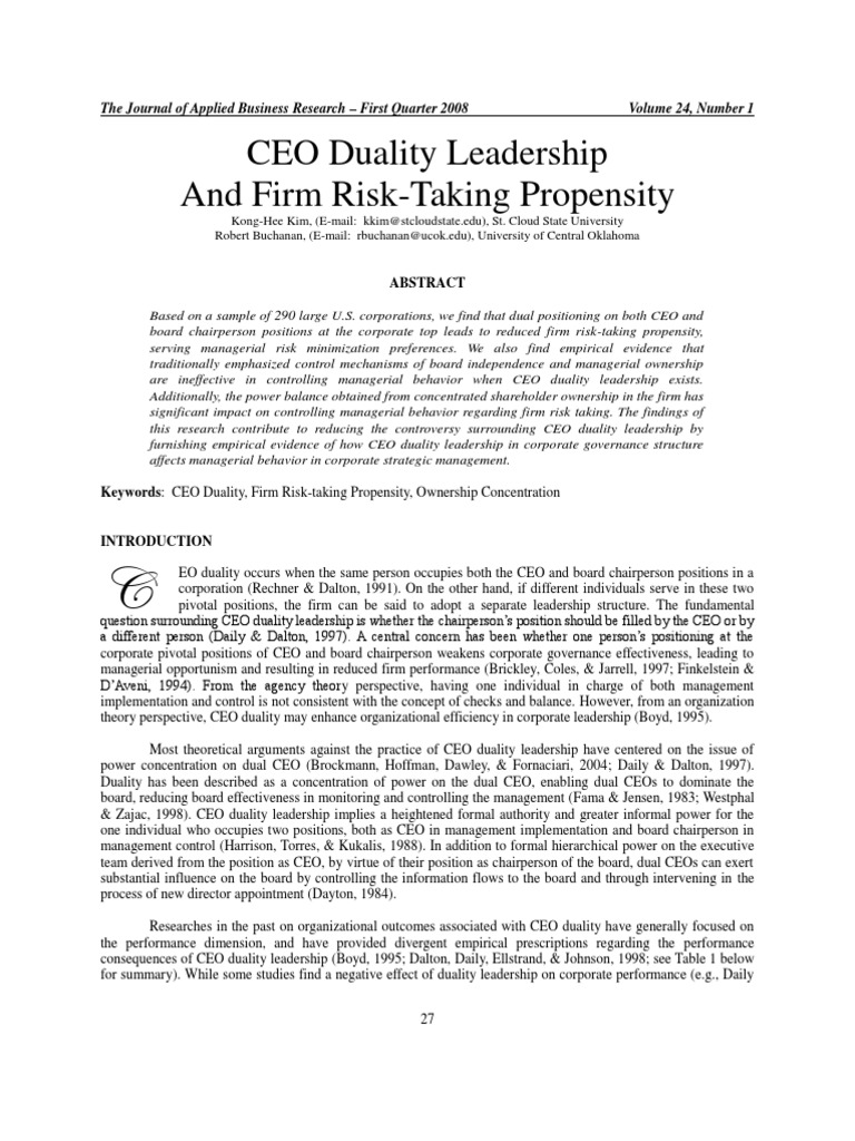 Ceo Duality | PDF | Corporate Governance | Risk