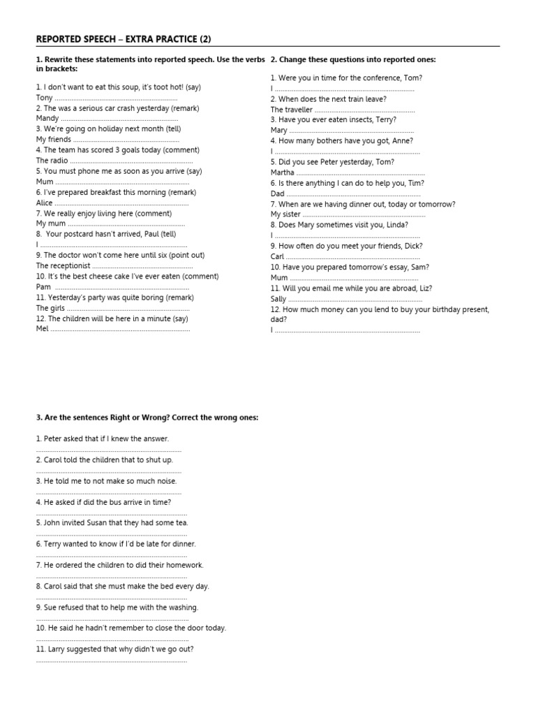 Reported Speech - EXTRA PRACTICE 2 | PDF