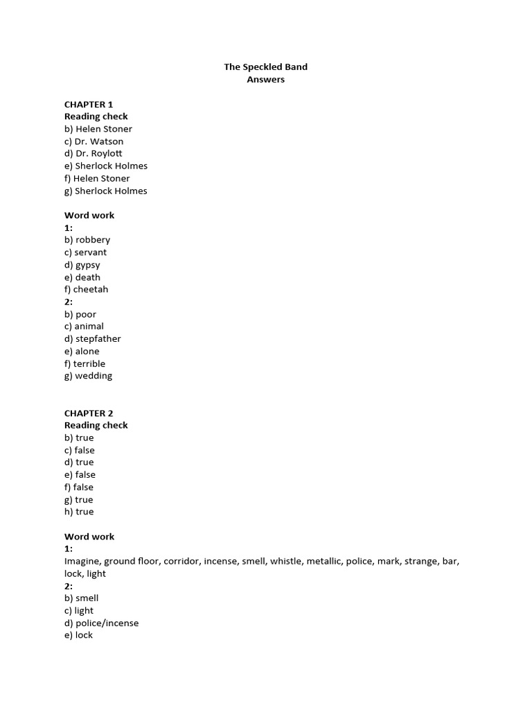 Speckled Band Study Guide Answers | PDF | Mystery, Thriller & Crime ...
