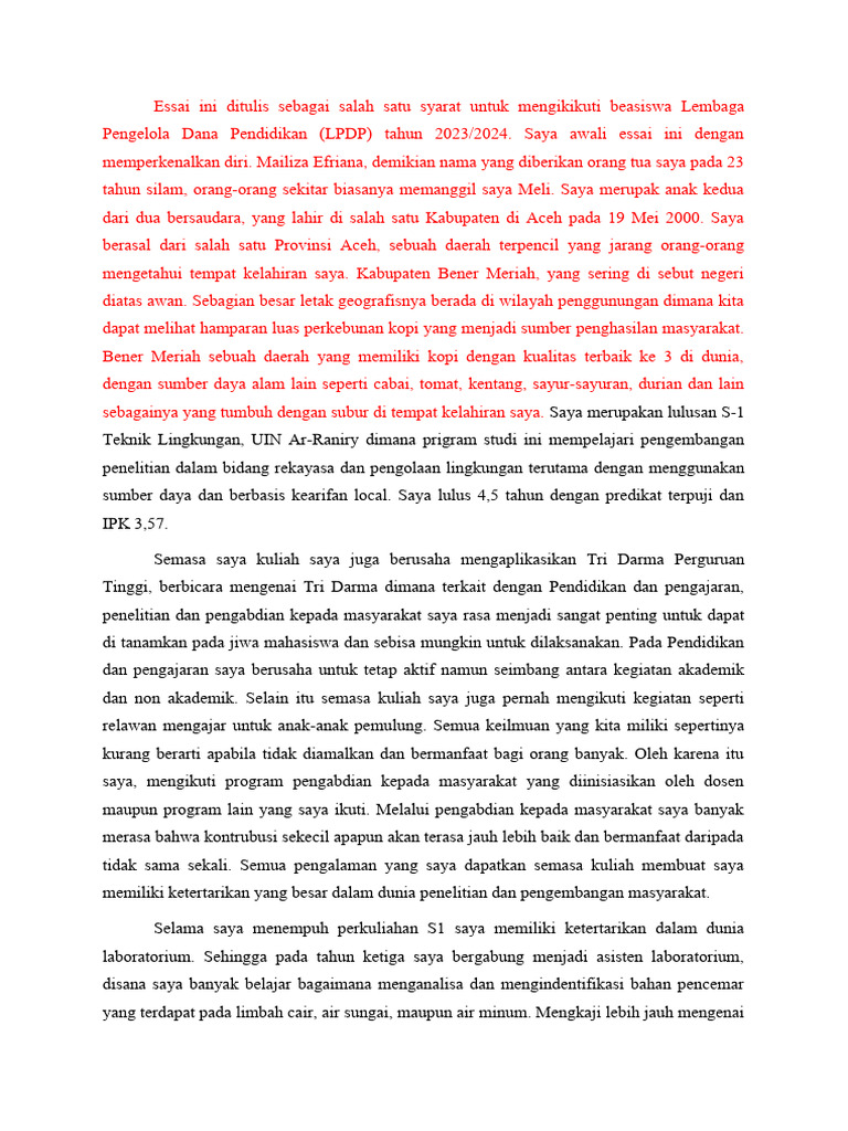 Contoh Essai Beasiswa LPDP 2024 | PDF