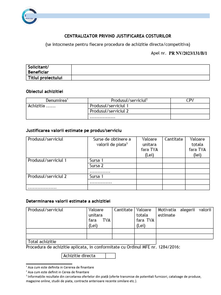 Anexa 1.5 Centralizator privind justificarea costurilor | PDF