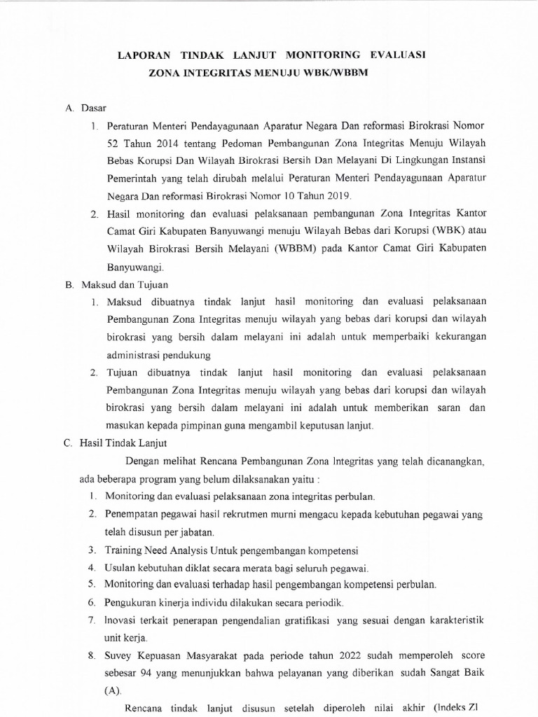 Laporan Tindak Lanjut Monev ZI | PDF | Bisnis | Pengelolaan Keuangan & Uang