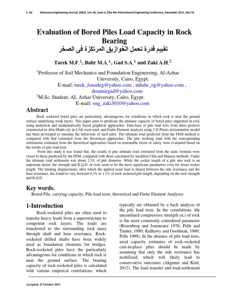 Tarek - 2015 - Evaluation of Bored Piles Load Capacity in Rock Bearing | PDF | Deep Foundation ...