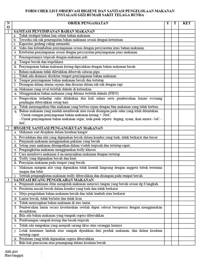 Form Chek List Observasi Higiene Dan Sanitasi Pengelolaan Makanan | PDF ...