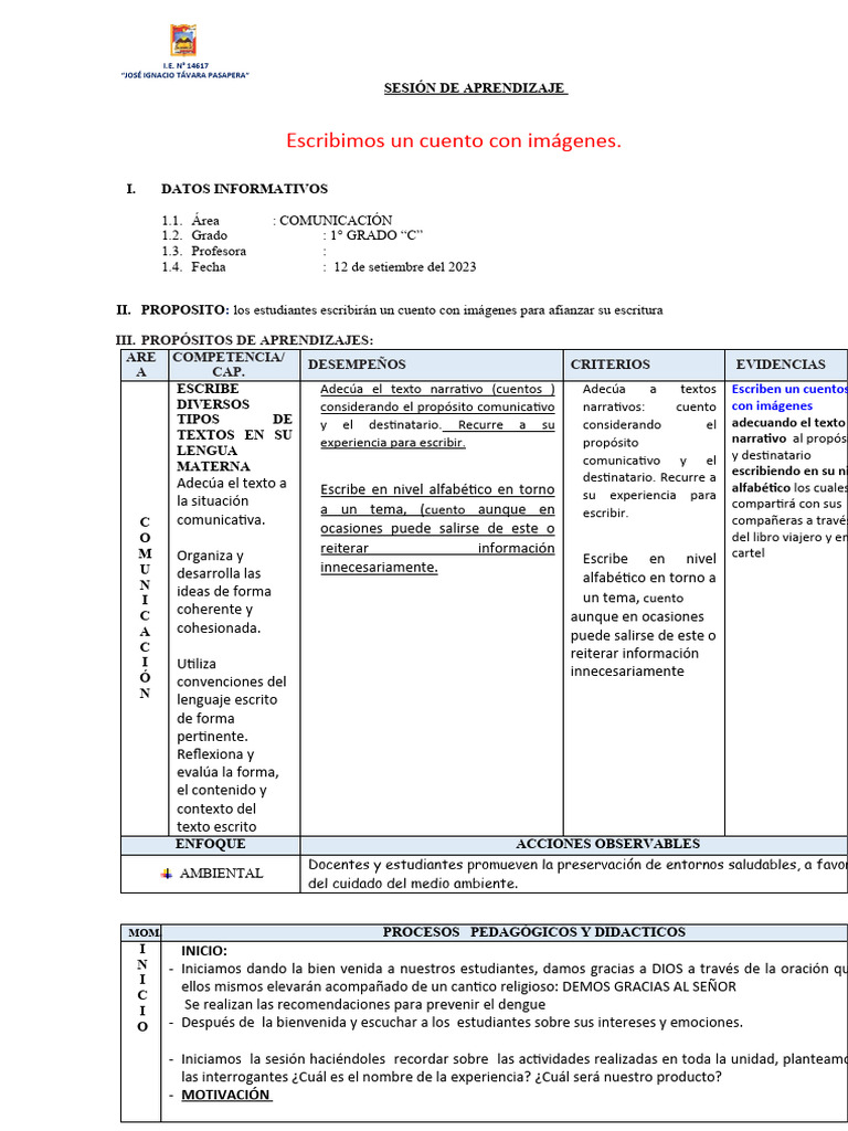 1° Sesion 12 de Setiembre Escribimos Un Cuento | PDF
