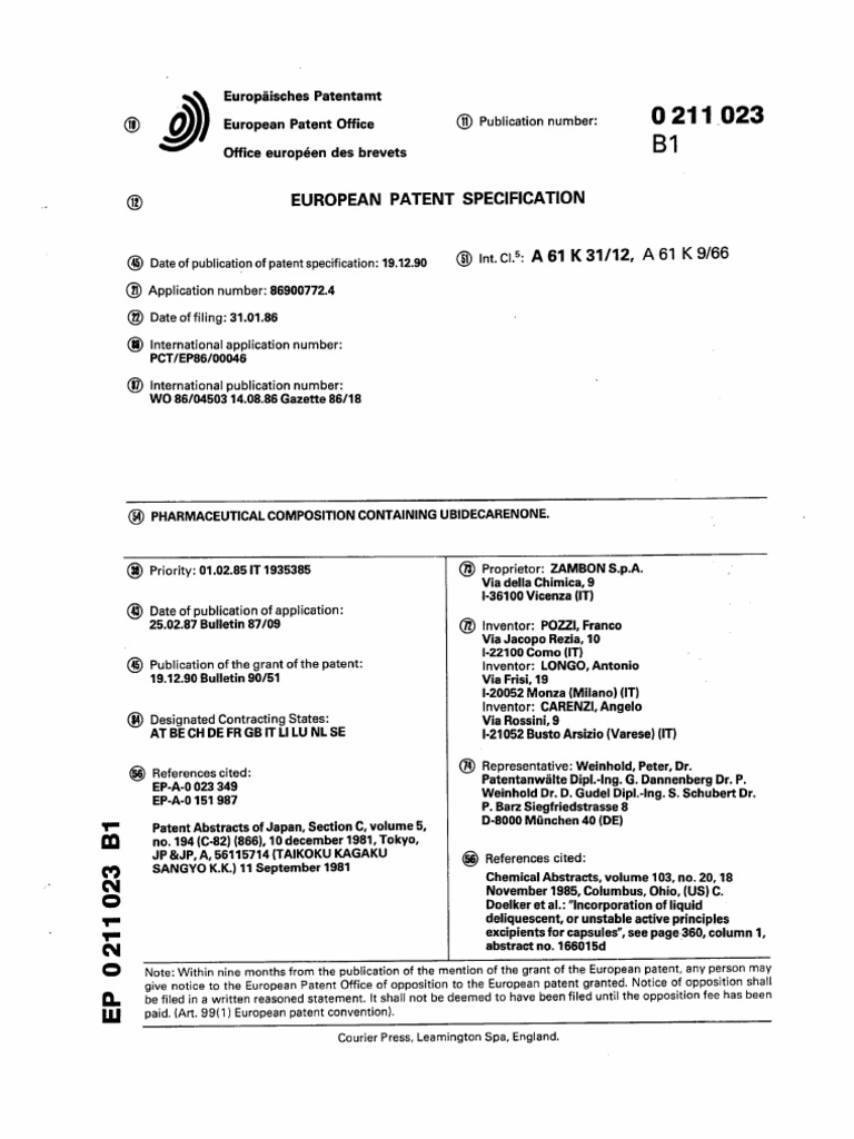 CoQ10 Pharmaceutical Patent | PDF