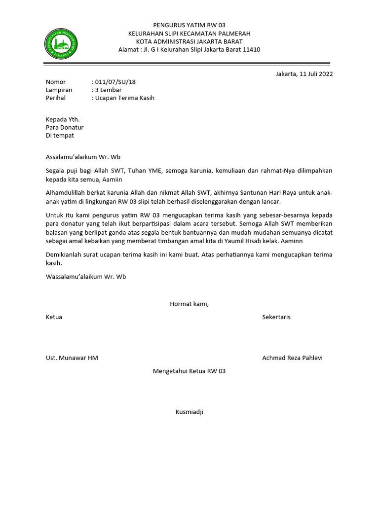 Contoh Surat Ucapan Terima Kasih | PDF