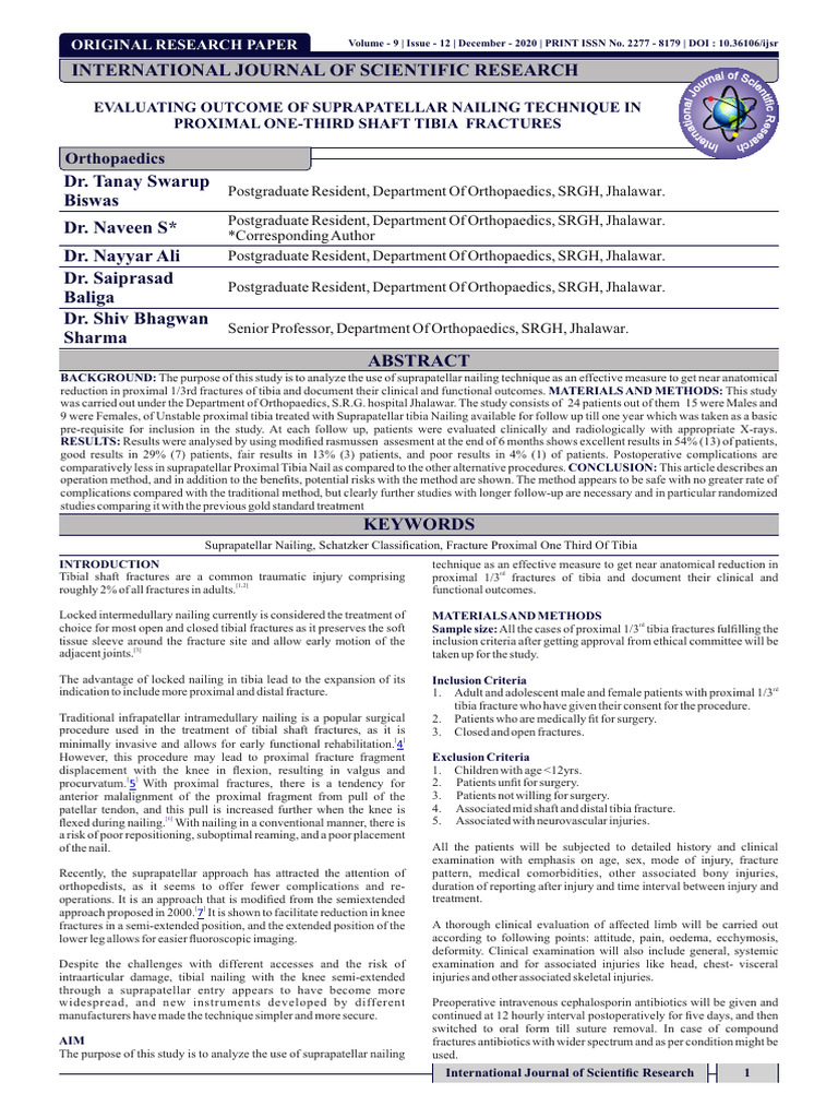 Paper 3. Suprapatellar Nailing Paper Publish IJSR | PDF