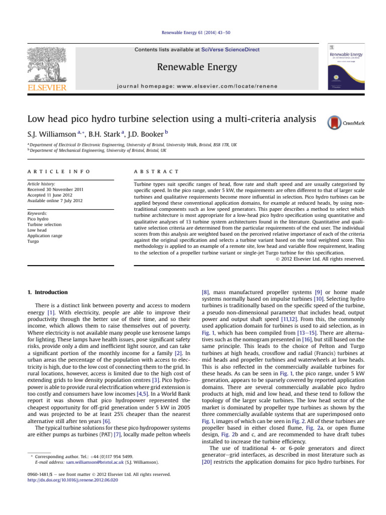 Low Head Pico Hydro Turbine Selection Using A Multi-Criteria Analysis | PDF