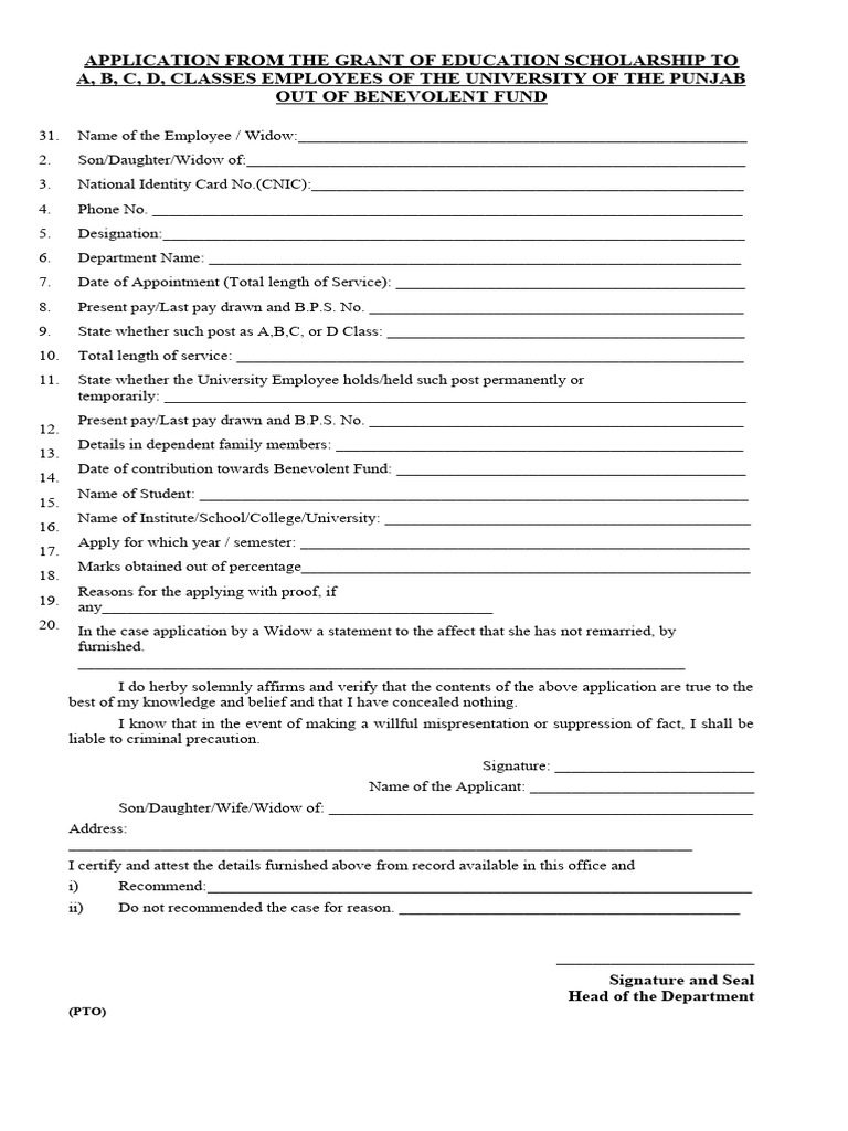 Punjab Benevolent Fund Scholarship Form | PDF | Career & Growth ...