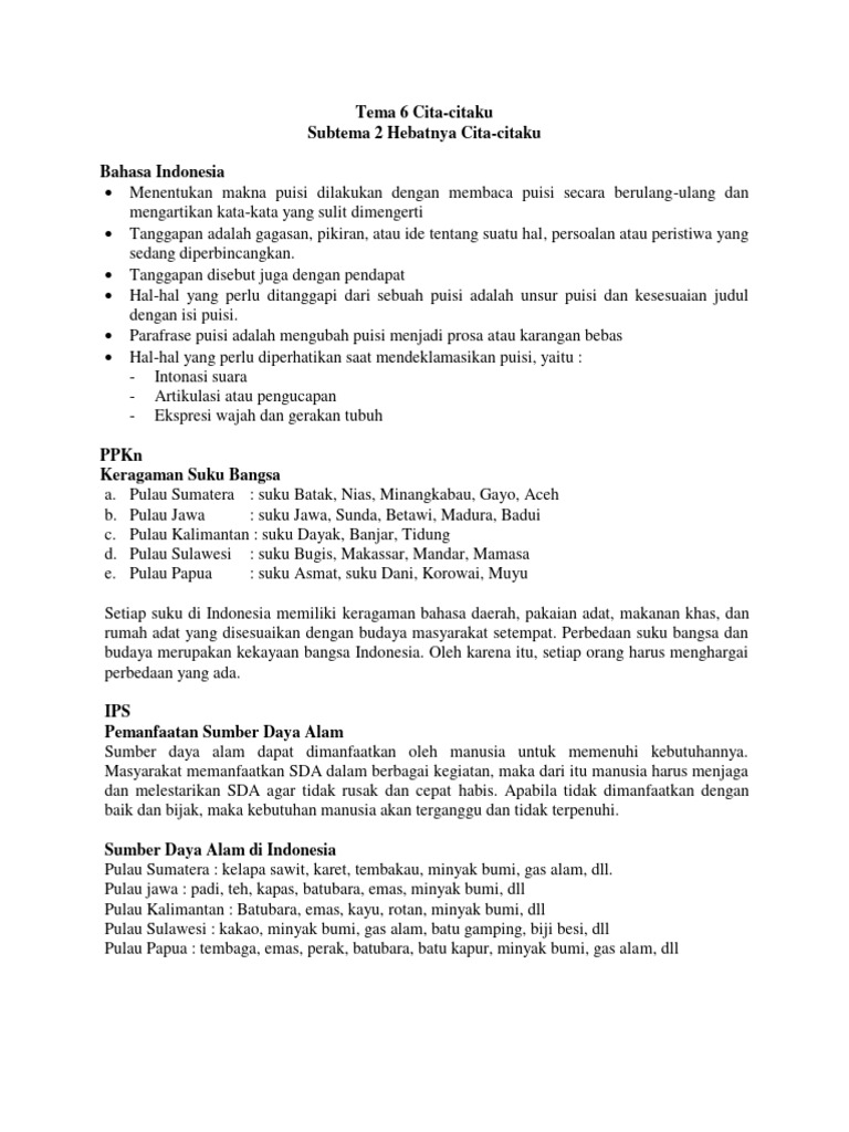 Catatan Tematik Tema 6 Subtema 2 | PDF | Griya & Taman