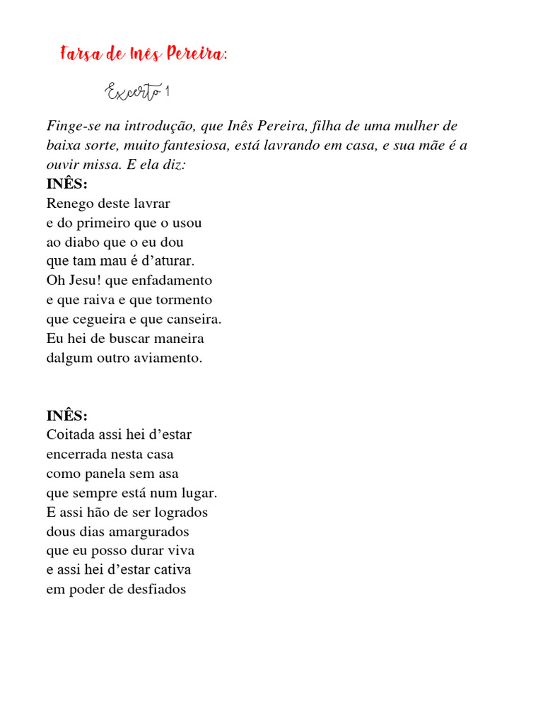 Farsa de Inês Pereira Excerto 1 | PDF