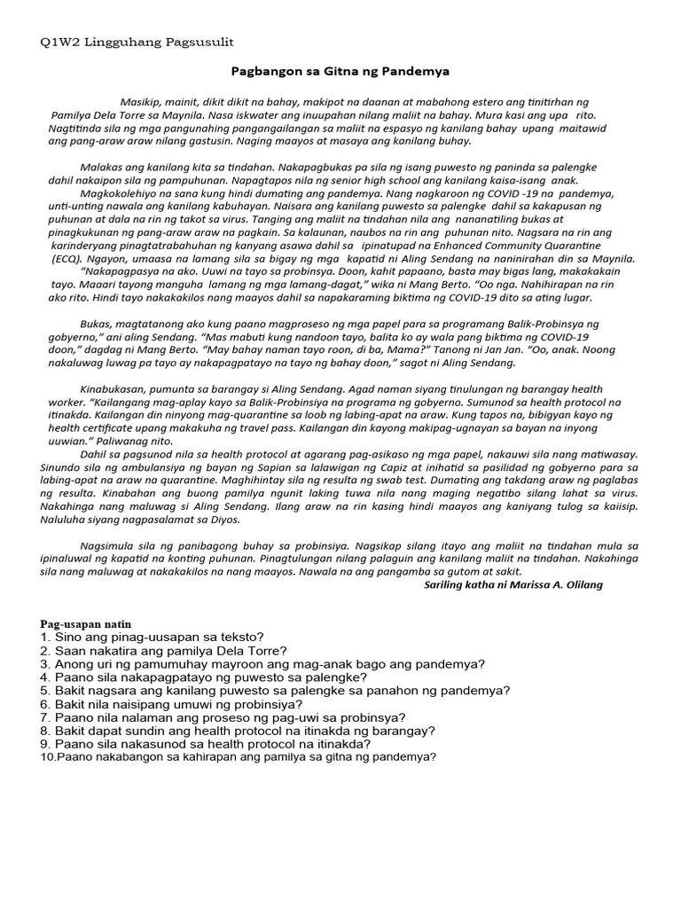 Filipino 6 Q1W1-Lingguhang Pagsusulit sa Filipino 6 | PDF