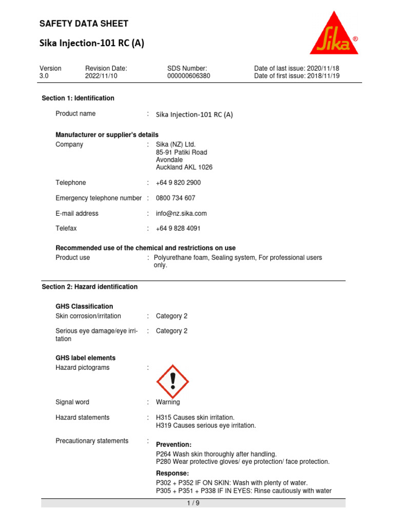 Sika Injection-101 RC (A) - SDS - 1118 | PDF
