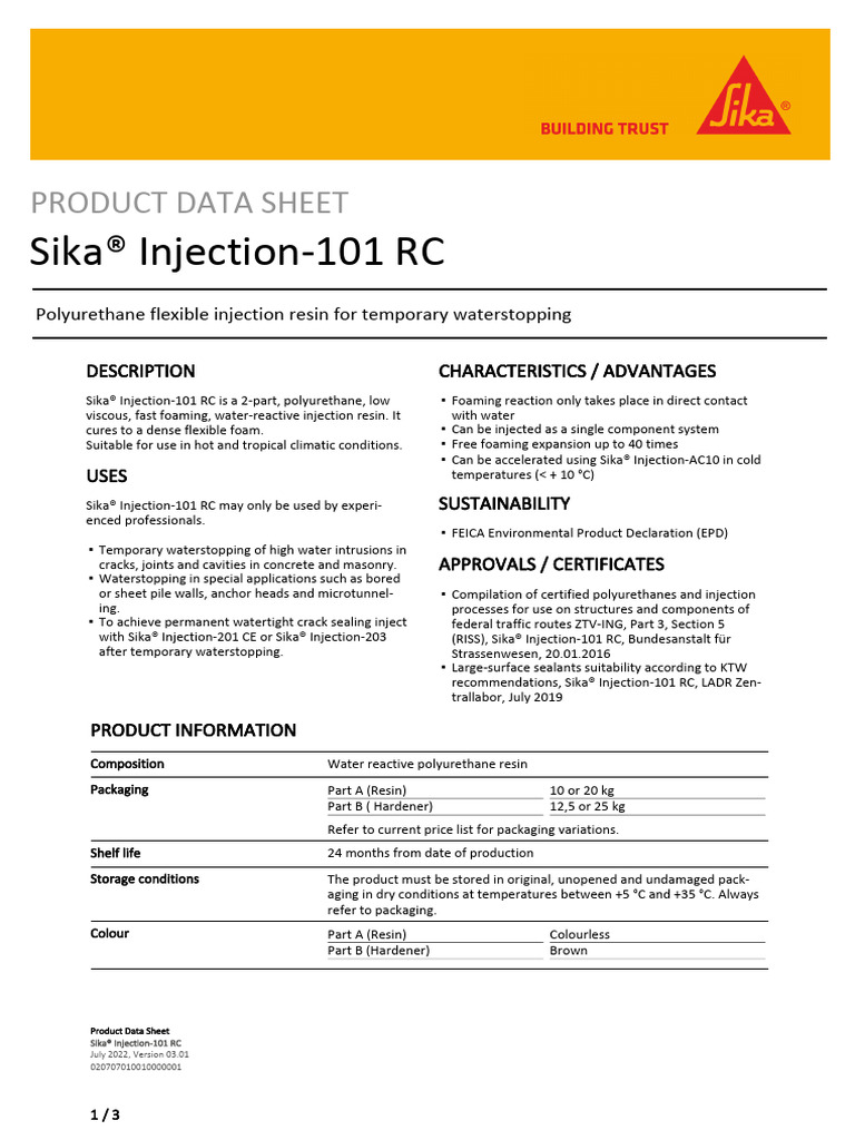 Sika Injection-101rc | PDF | Polyurethane | Applied And ...