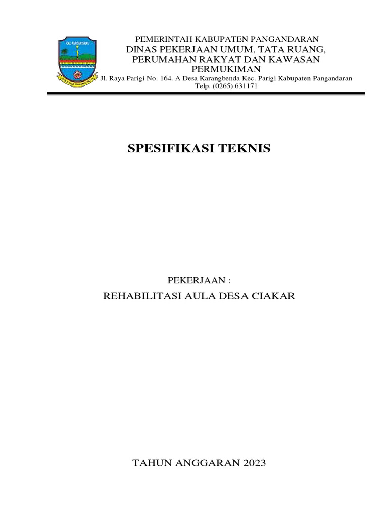 Spektek Rehabilitasi Aula Desa Ciakar 2 | PDF