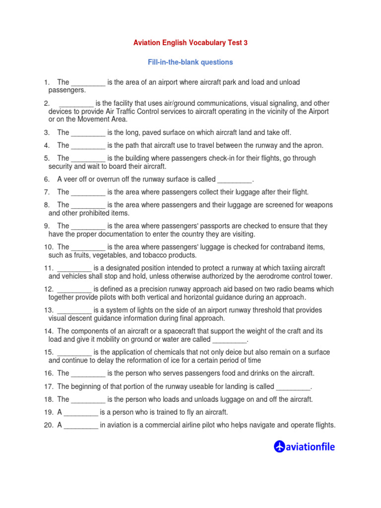 Aviation Vocabulary 3 20 Fill in The Blank Questions | PDF | Airport ...