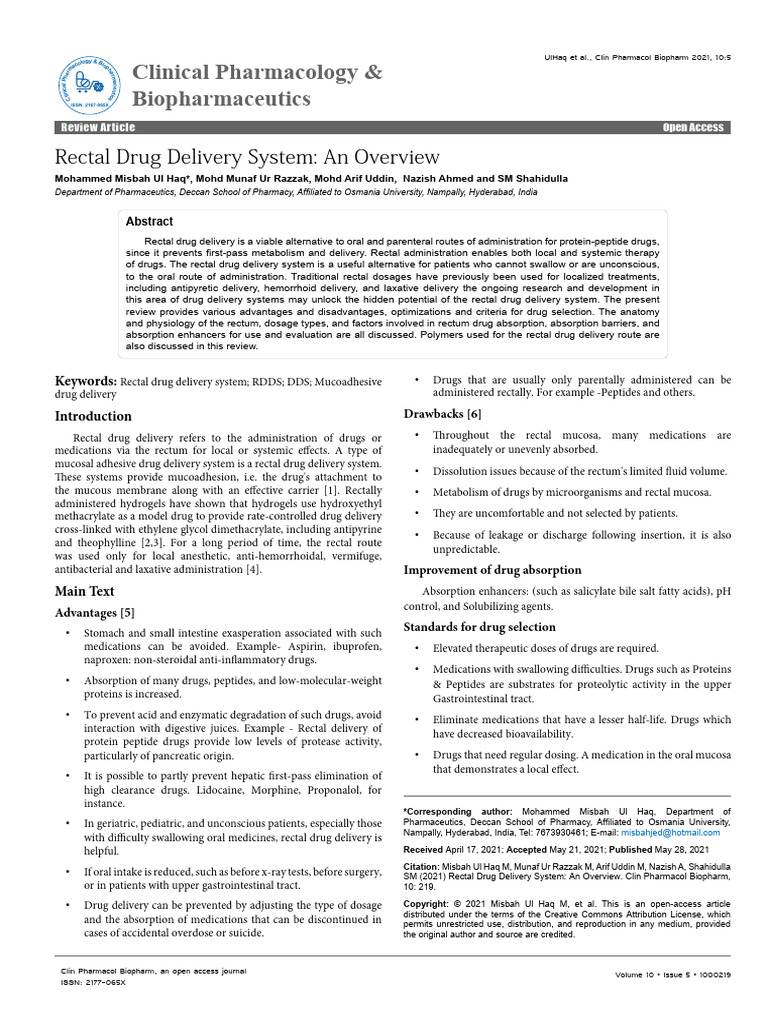 Rectal Drug Delivery System An Overview | PDF