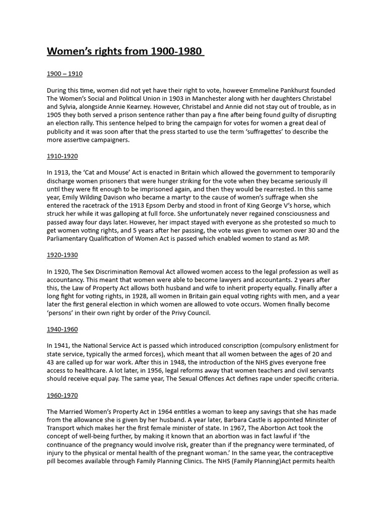Women's Rights Timeline: 1900-1980 | PDF