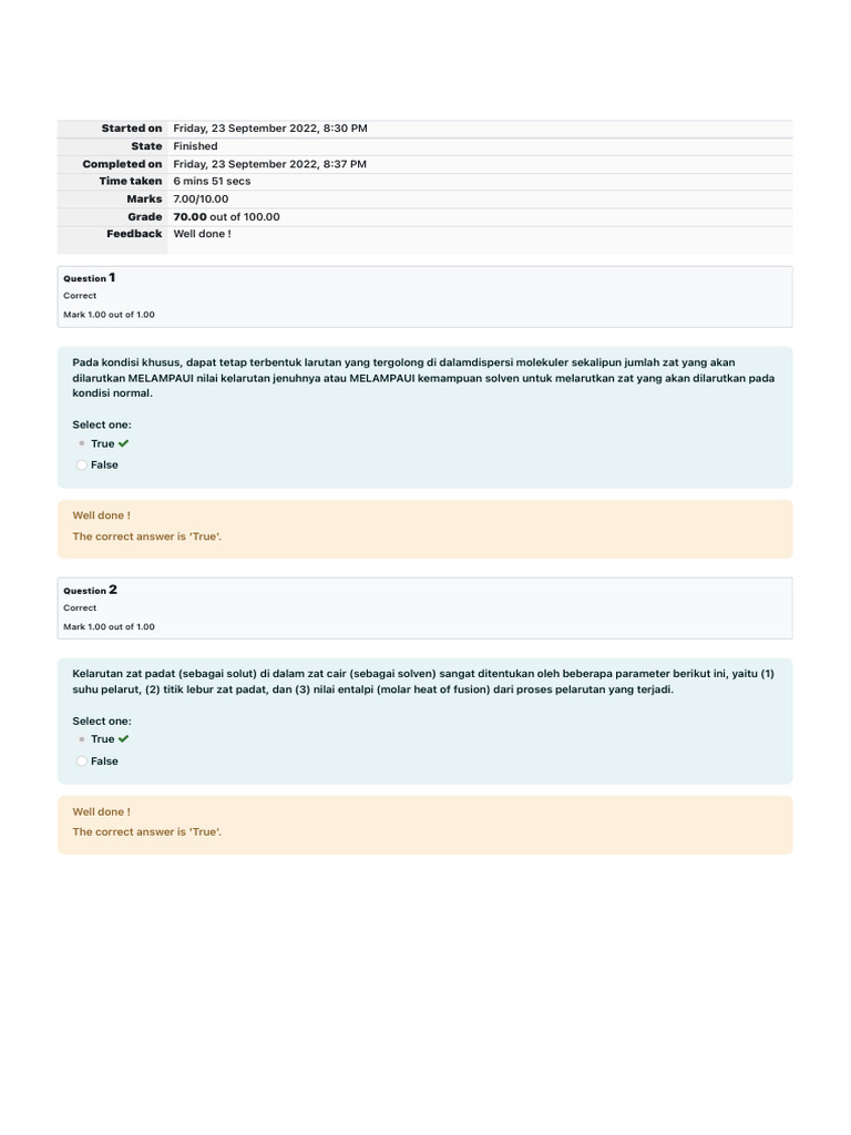 QUIZ - Kelarutan Zat Padat, Zat Cair, Dan Zat Gas Dalam Zat Cair (Kelas A) - Attempt Review | PDF