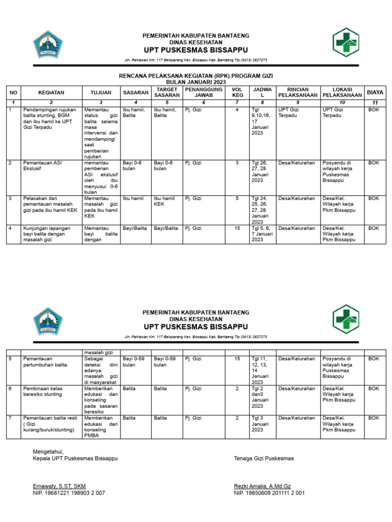 RPK Program Gizi Puskesmas Bissappu | PDF