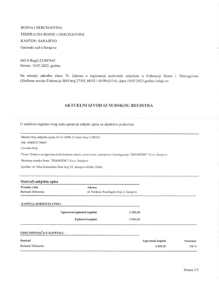 Aktuelni Izvod Iz Sudskog Registra | PDF