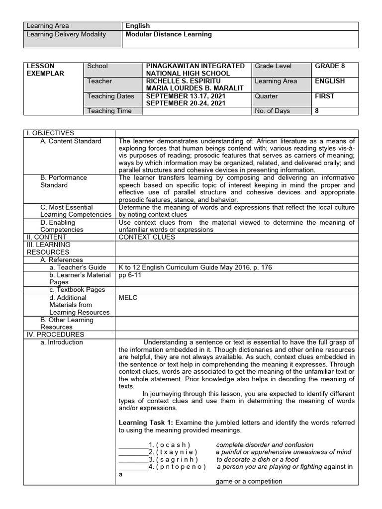 ENG 8 MELC1 Lesson Exemplar | PDF | Learning | Information