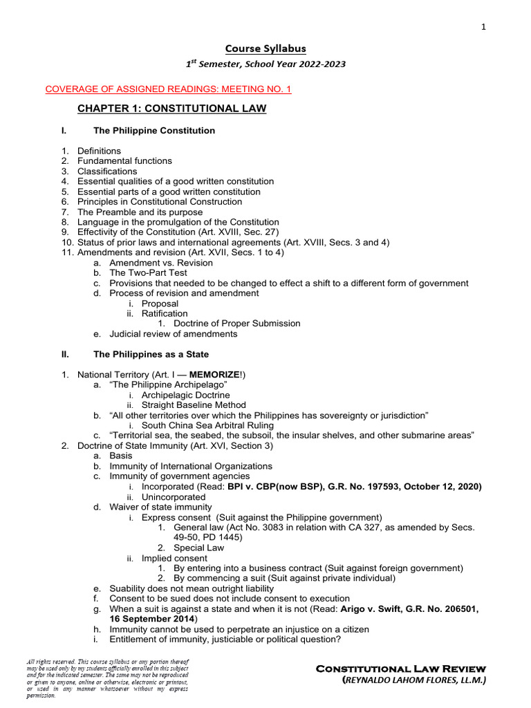 Constitutional Law Review syllabus 2023 | PDF