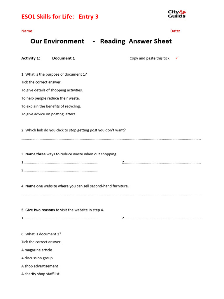 Our Environment C&G E3 Reading Answer Sheet | PDF