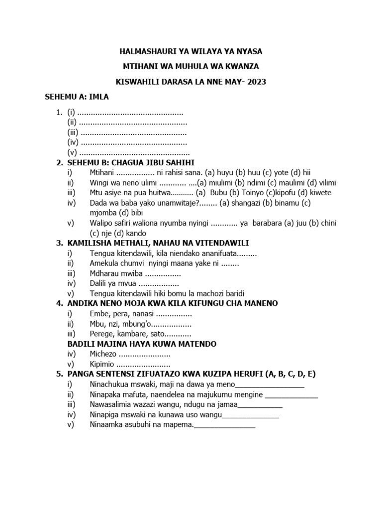 Darasa La Nne-Kiswahili Drs IV 2023 | PDF