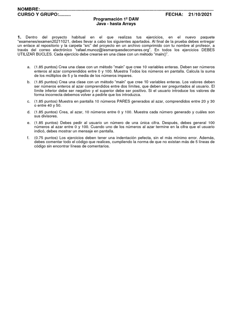 01 - Prueba Programacion 1o DAW - Java - Sin Arrays | PDF 01 - Prueba Programacion 1o DAW - Java - Sin Arrays | PDF
