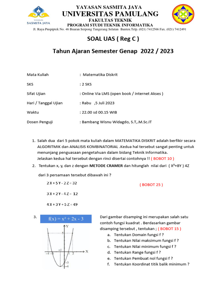 SOAL ujian UAS MATEMATIKA DISKRIT SEM GENAP 2022 2023 | PDF