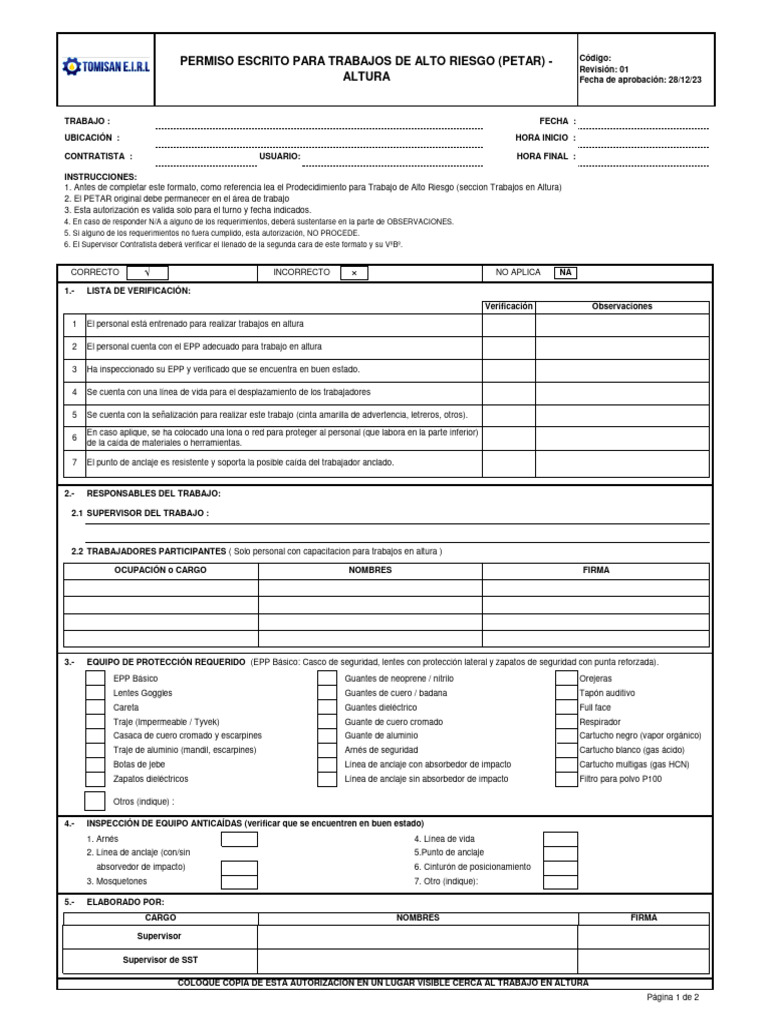 Permiso para Trabajo de Alto Riesgo de Altura | PDF