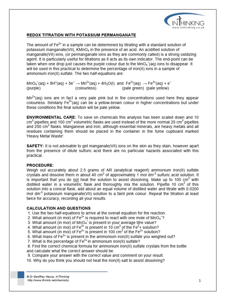 redox-titration-with-potassium-permanganate | PDF | Titration | Chemistry