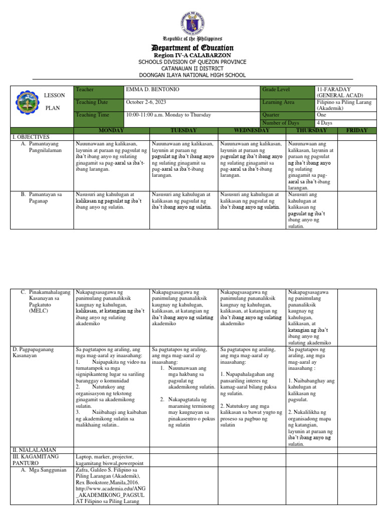 DLL 1. Tagalog Piling Larang October 2-6, 2023 | PDF