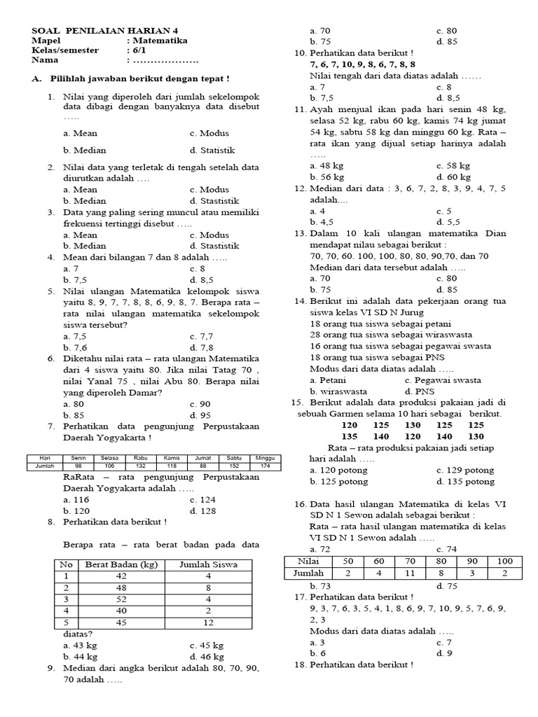 Soal PH MTK Kelas 6 Pembelajaran 5 | PDF