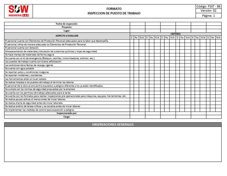 Formato - Inspeccion de Puesto de Trabajo | PDF