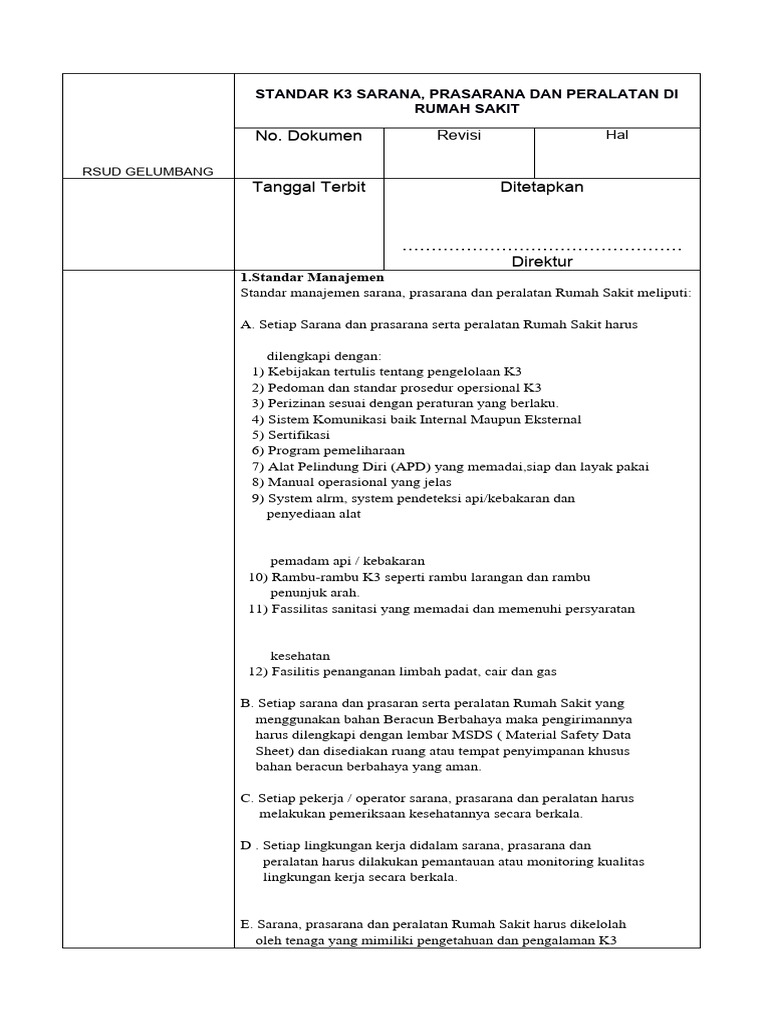 Spo Standar K3 Sarana Prasarana Dan Peralatan Di Rumah Sakit | PDF | Teknologi & Rekayasa