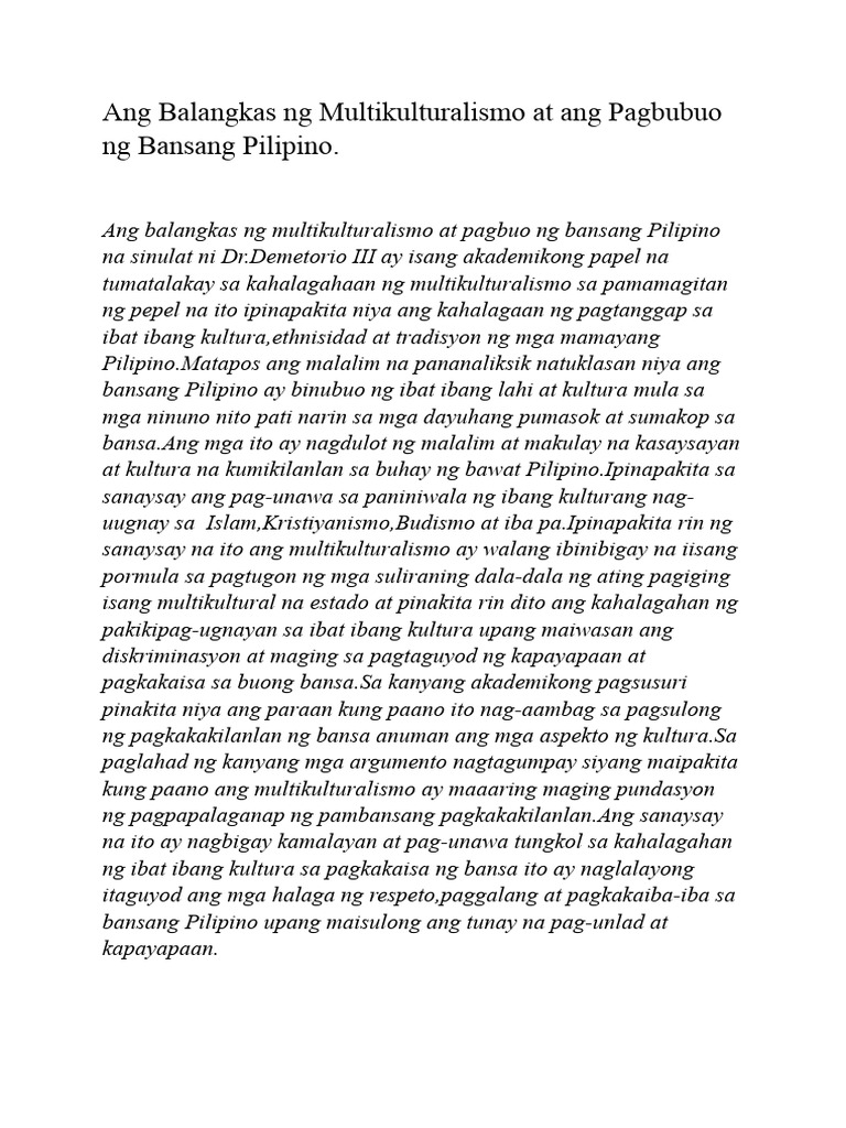 Ang Balangkas NG Multikulturalismo at Ang Pagbubuo NG Bansang Pilipino ...