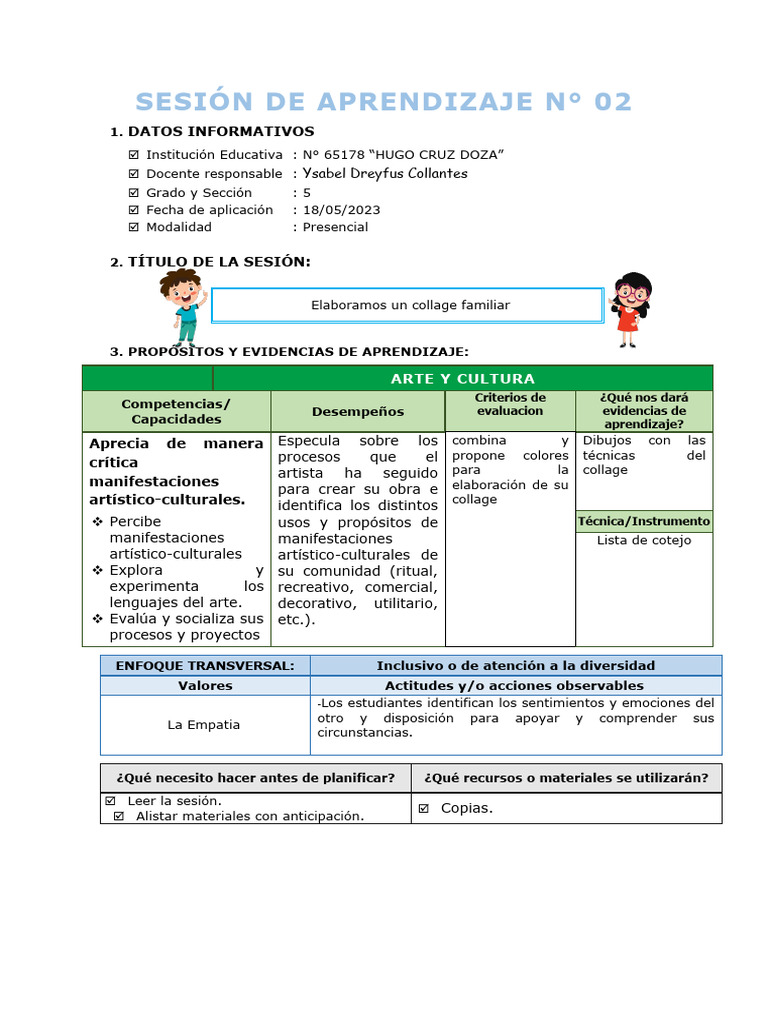 Sesión de Aprendizaje N 2 Collage Familiar - Arte | PDF | Aprendizaje | Collage