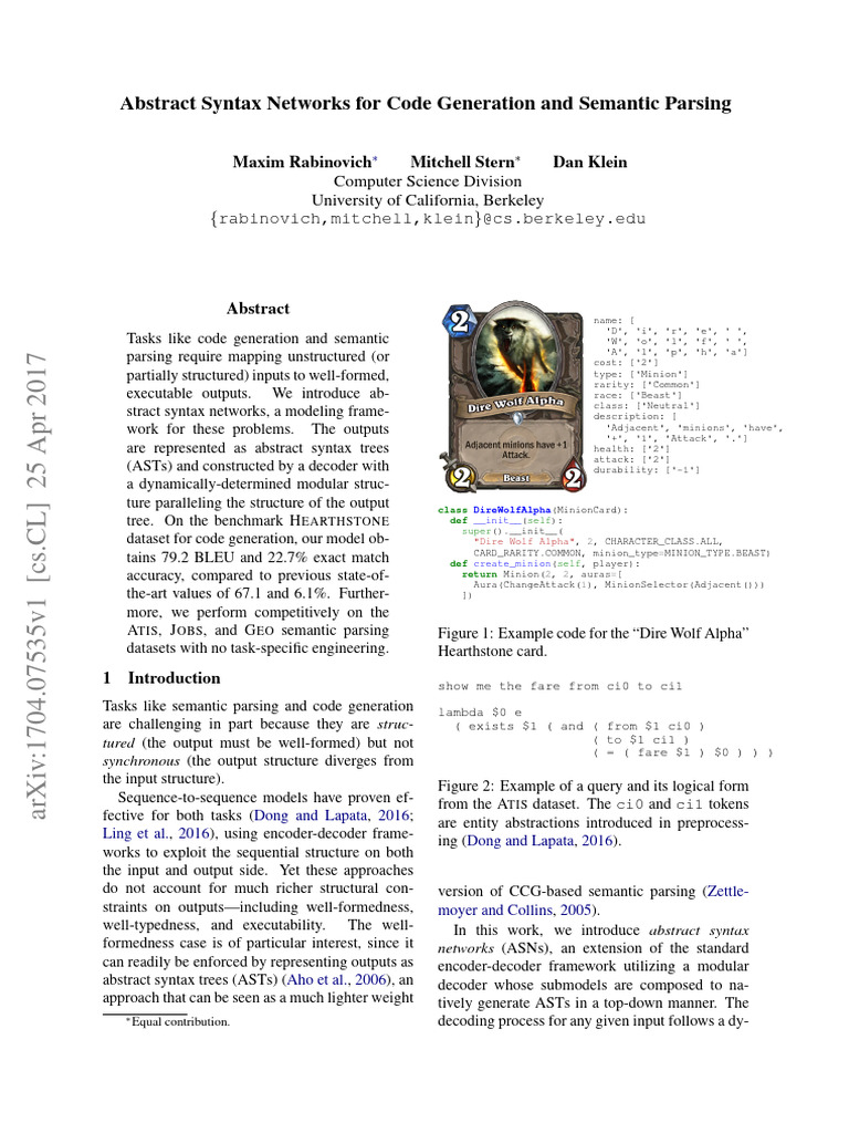 Abstract Syntax Networks For Code Generation and Semantic Parsing | PDF