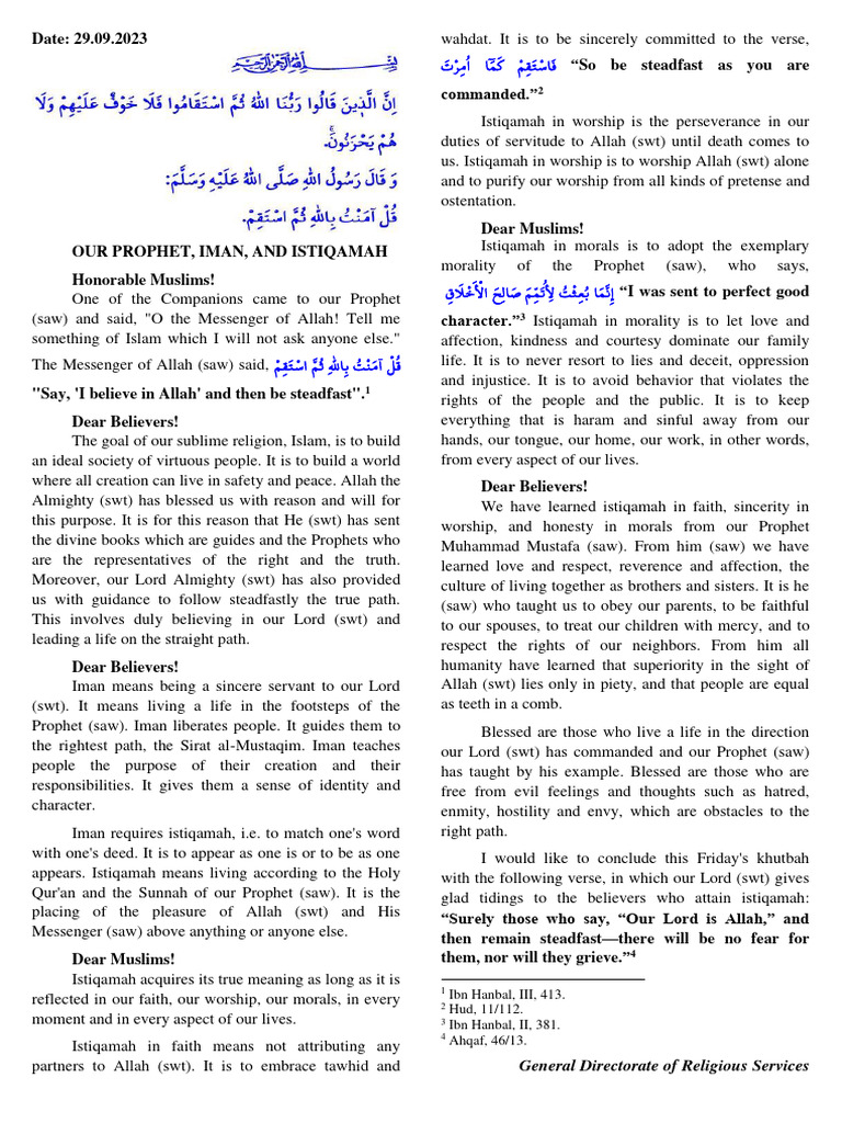 Our Prophet, Iman, and Istiqamah | PDF