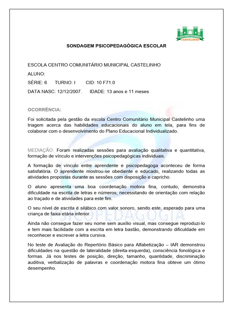 Modelo De Parecer 1 Bimestremodelo De Parecer Psicopedagogico