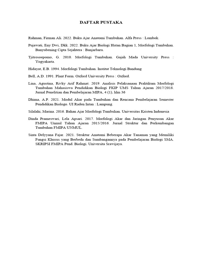 DAFTAR PUSTAKA (Morfologi Tumbuhan) | PDF